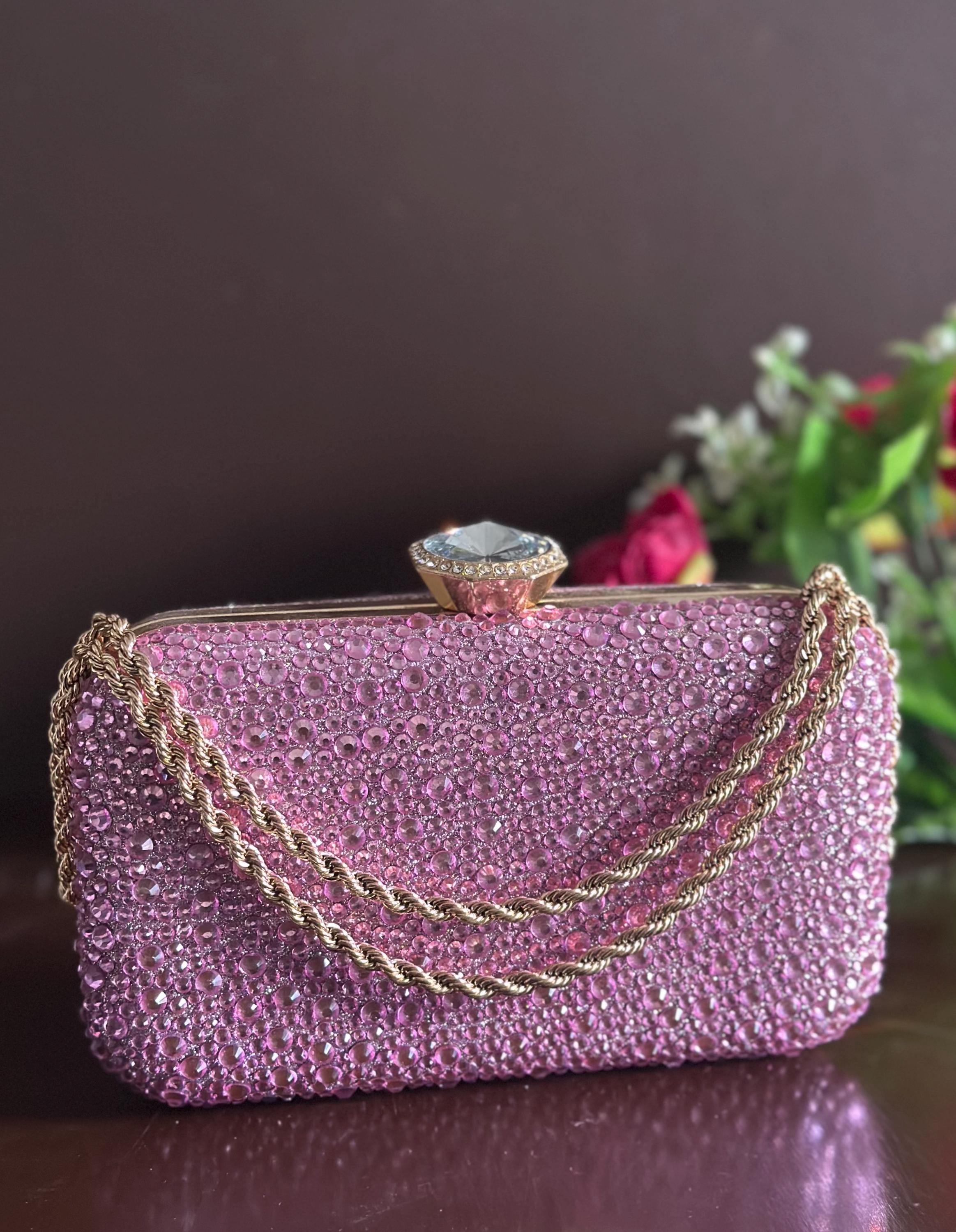 Rhinestone Peach Clutch Purse With Textured Design, Rose Gold Accents ...
