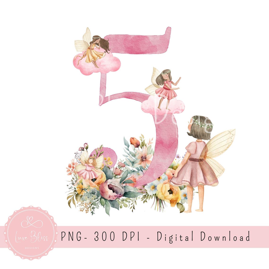 Pink Fairy Garden Number 5 PNG, Fairies Sublimation Design, Fairy 5th ...