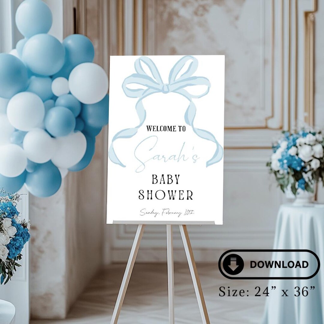 Blue Bow Baby Shower Welcome Sign, Printable Blue Bow Welcome Sign ...