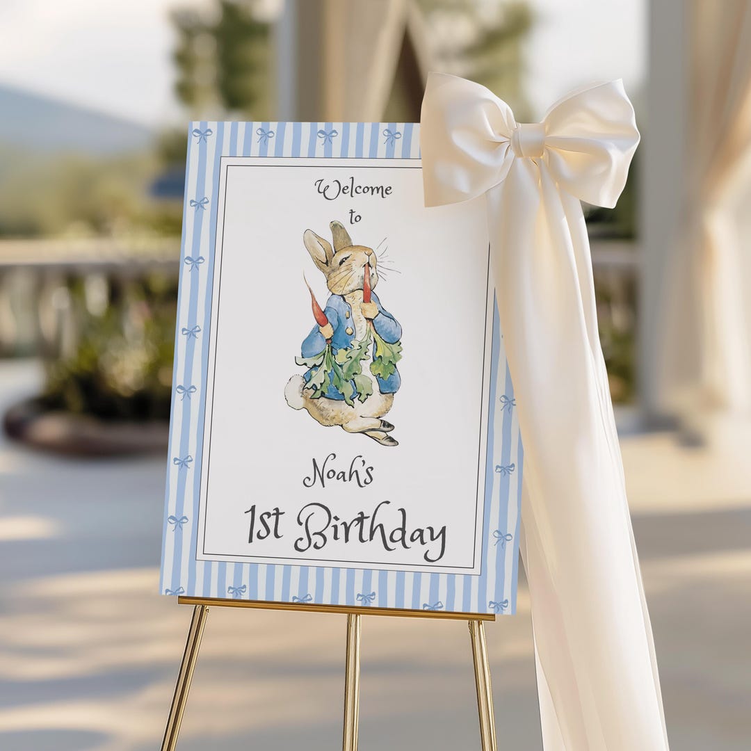 Peter Rabbit Birthday Welcome Sign, Personalized Minimal Rustic Baby ...