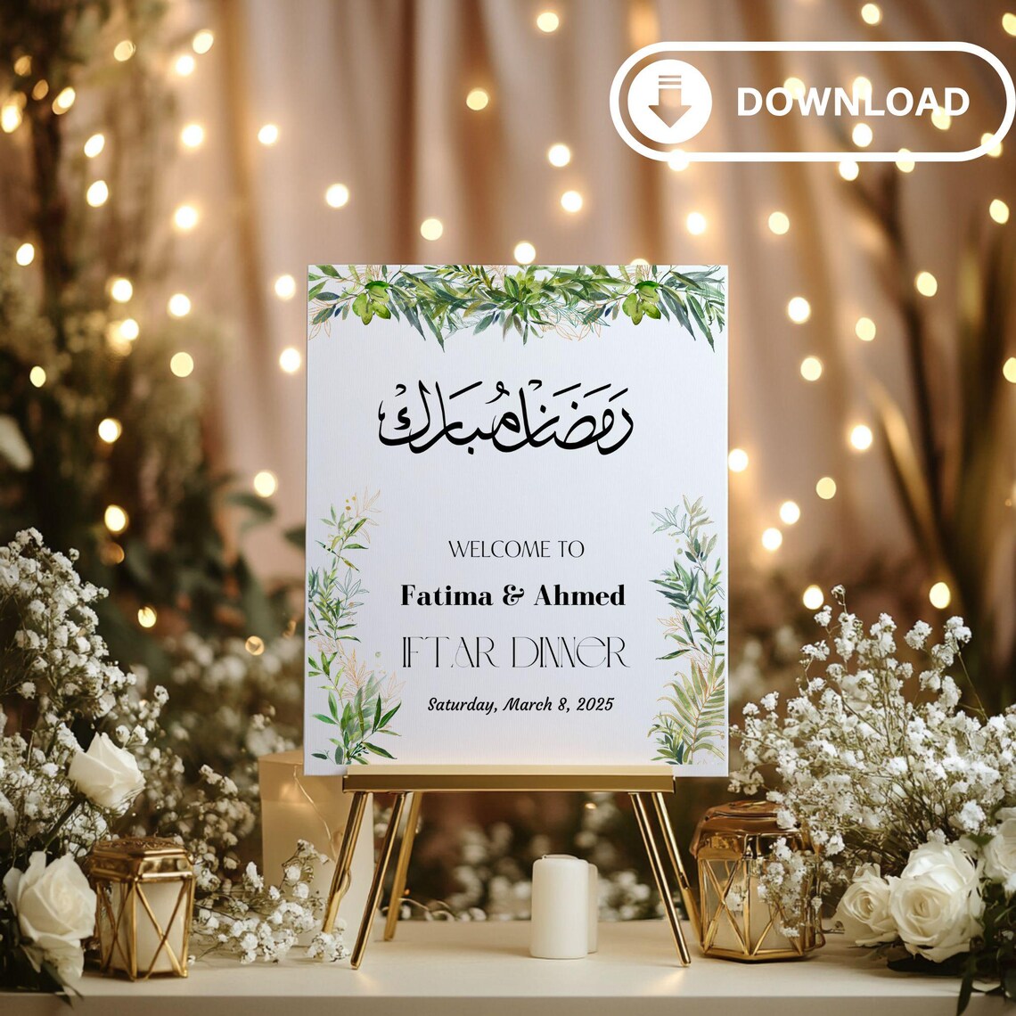 Minimal Greenery Iftar Welcome Sign – Personalized Eid Dinner Poster ...