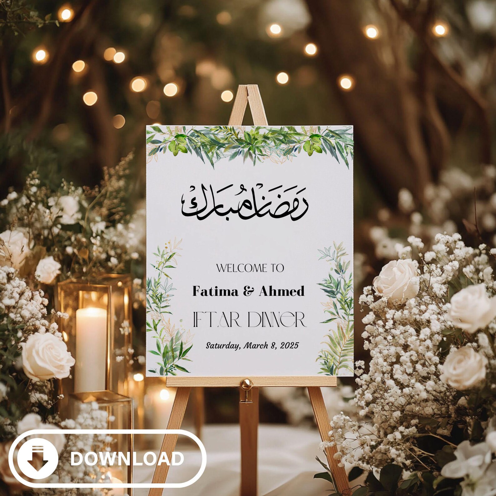 Minimal Greenery Iftar Welcome Sign – Personalized Eid Dinner Poster ...