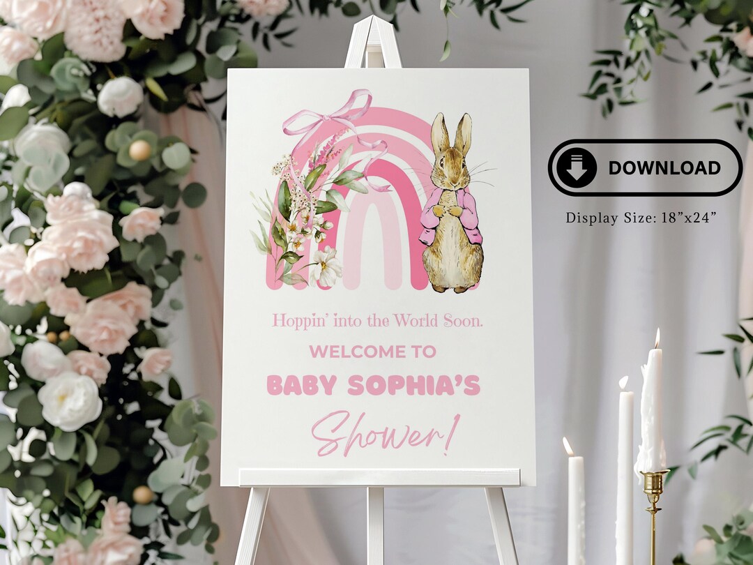 Personalized Flopsy Bunny Baby Shower Welcome Sign - Pink Bow Rainbow ...
