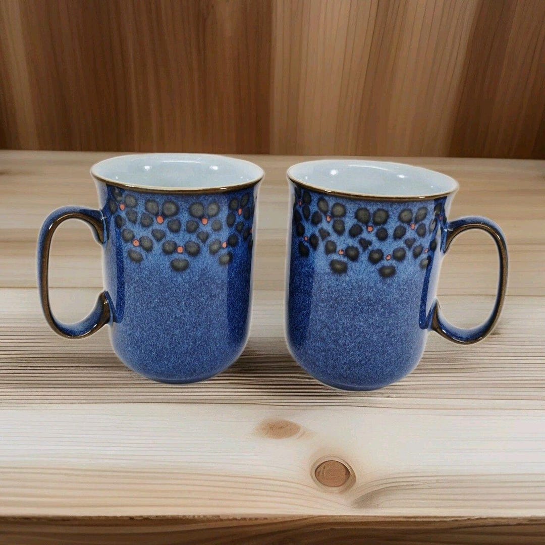 Vintage Denby Midnight Coffee Mugs Set of 2 // Stoneware // Blue Floral ...