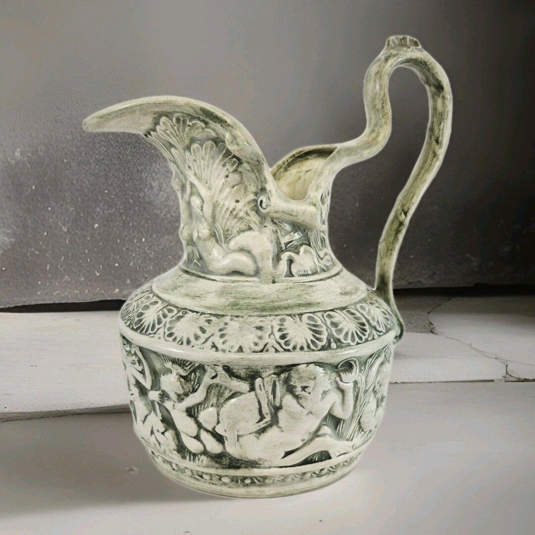 Vintage Greek Mythology Ceramic Pitcher // Green/white Glaze // 3-D ...