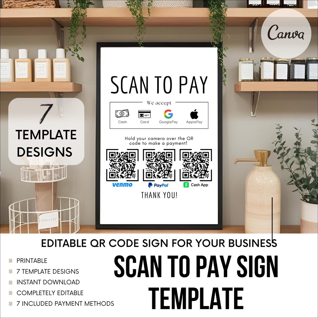Scan to Pay Sign Canva Template, QR Code Payment Sign, Printable Vendor Payment Sign, Digital ...