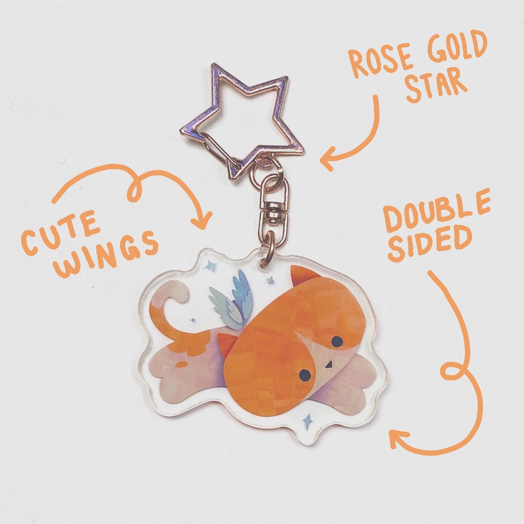 Cat Keychain - Cute Angel Kitty - Orange, White With Rose Gold Star ...