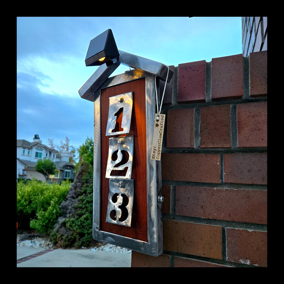 Solar Illuminated Address Sign | Reclaimed Wood & Metal House Numbers ...
