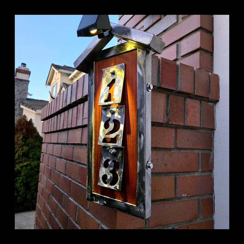 Solar Illuminated Address Sign | Reclaimed Wood & Metal House Numbers ...