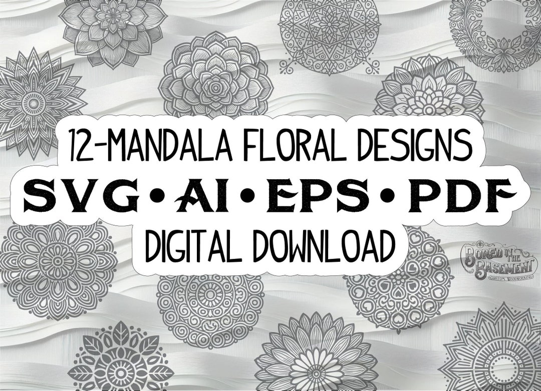12 Modern Floral Mandalas: Single-color Digital SVG Bundle for DIY ...