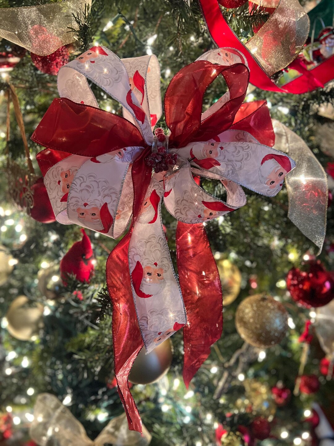 Santa Wired Ribbon With Red Ribbon Detail Medium Wreath Bow 2 1/2 Inch ...