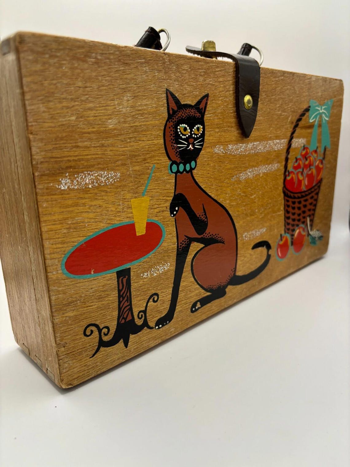 Vintage by SIMON Siamese Cat Apples Purse Hand Painted Wood Handbag ...