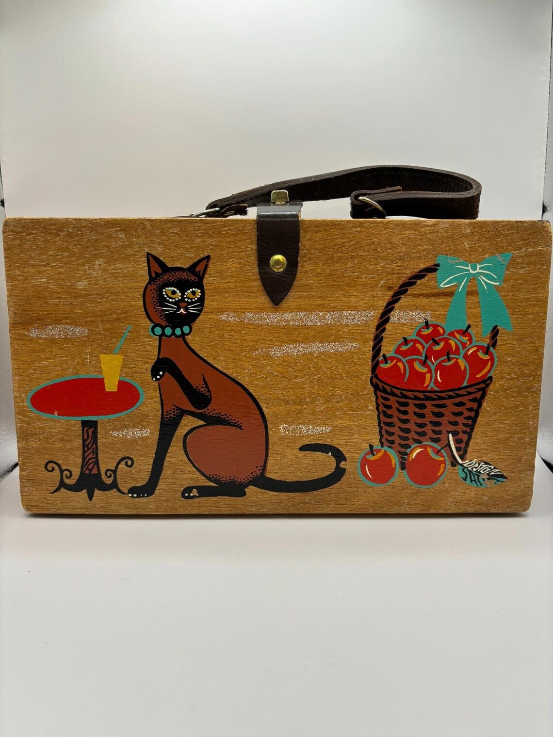 Vintage by SIMON Siamese Cat Apples Purse Hand Painted Wood Handbag ...