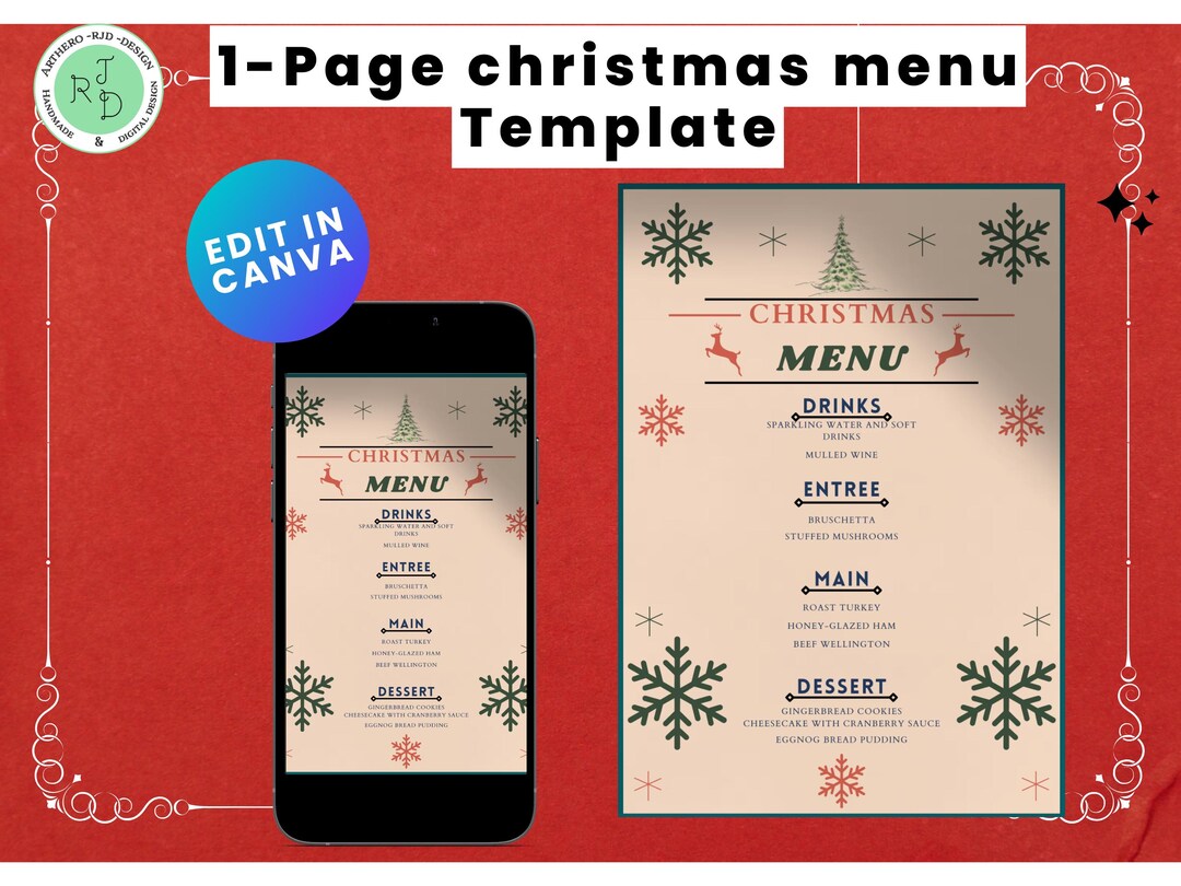 Designed Christmas Menu Template, Festive Work Party Menu, Editable ...