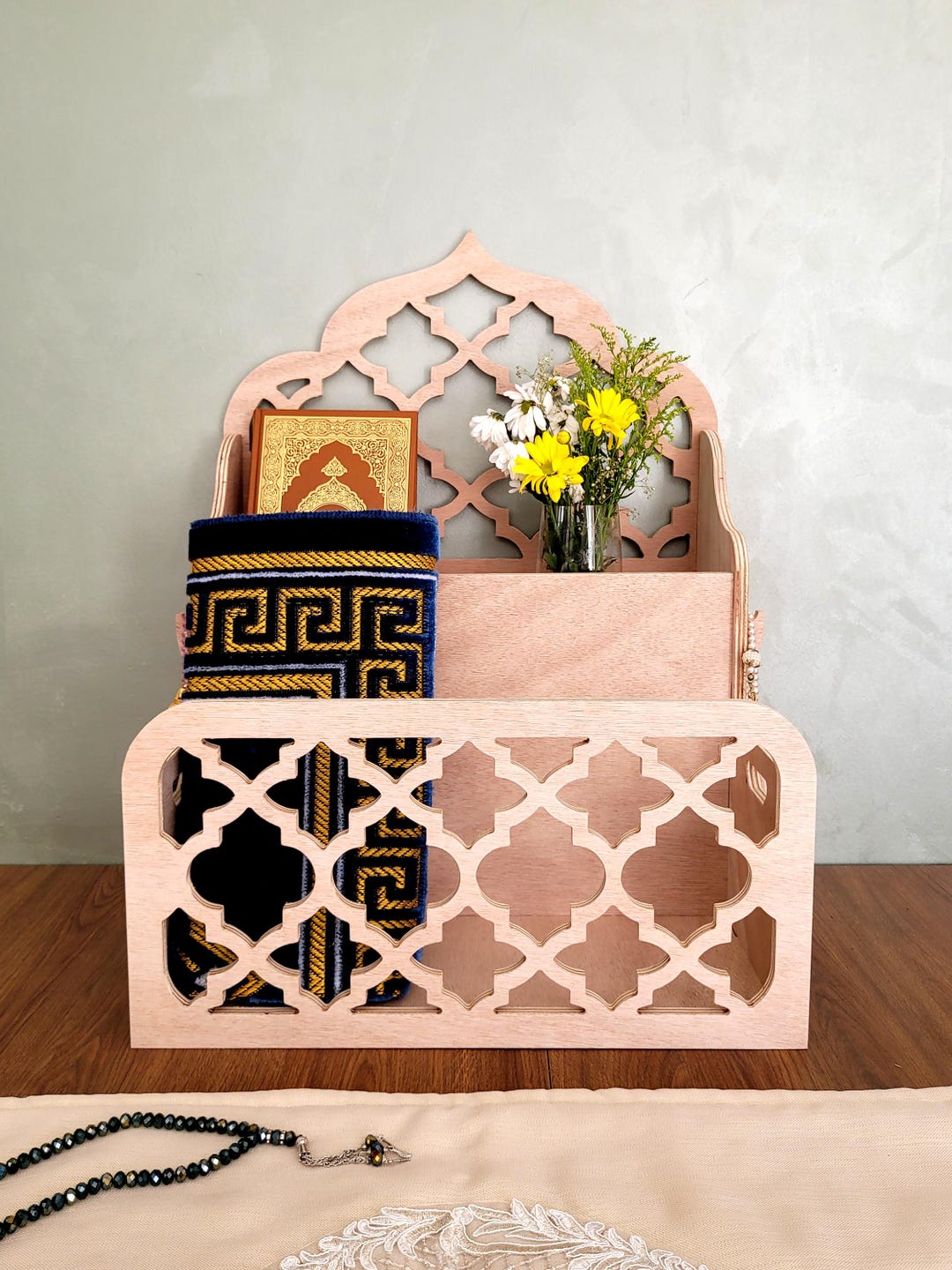 Islamic Prayer Stand Wooden Quran Stand, Prayer Rug Holder & Tasbih ...