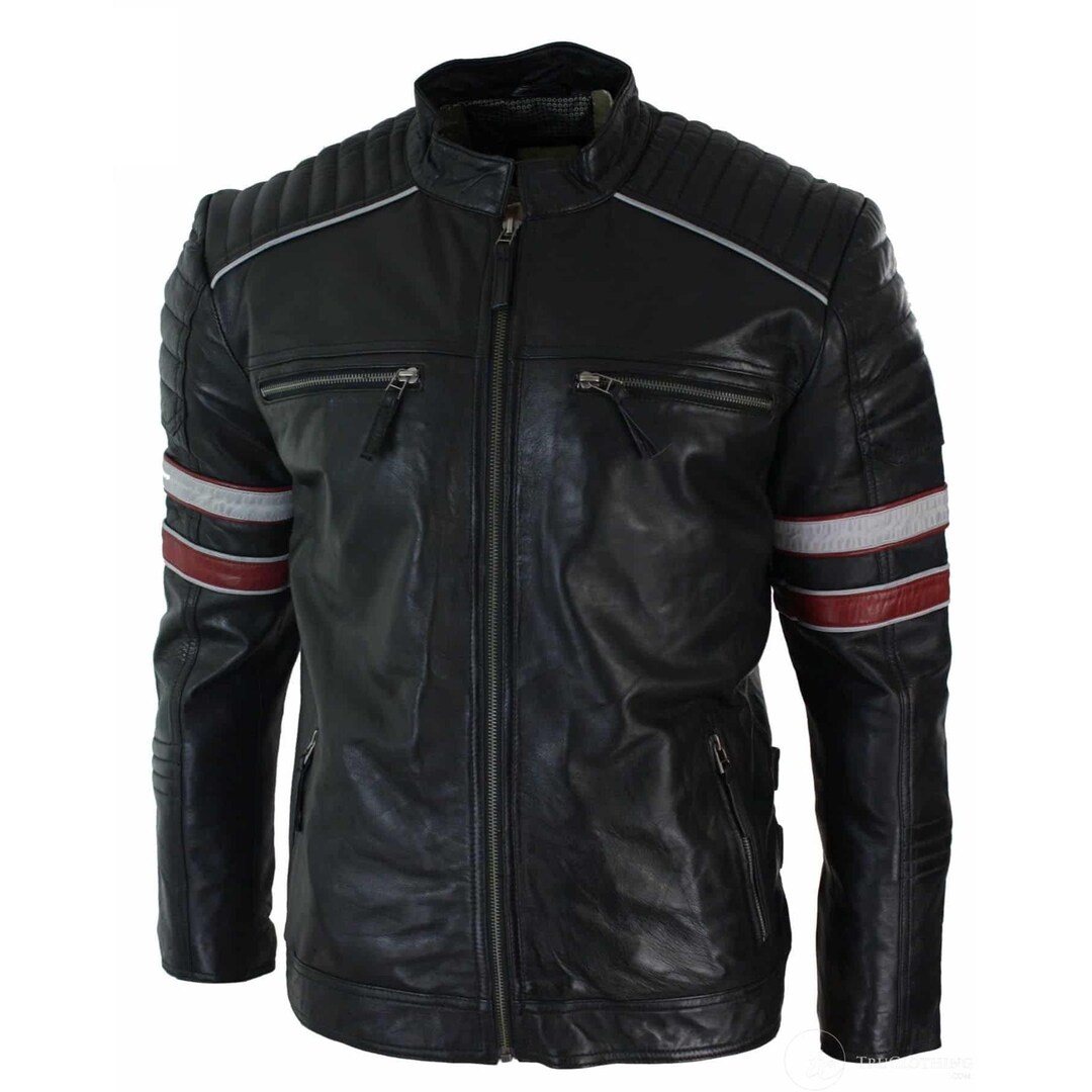 Mens Striped Black Cafe Racer Leather Jacket, Handmade Leather Jacket ...