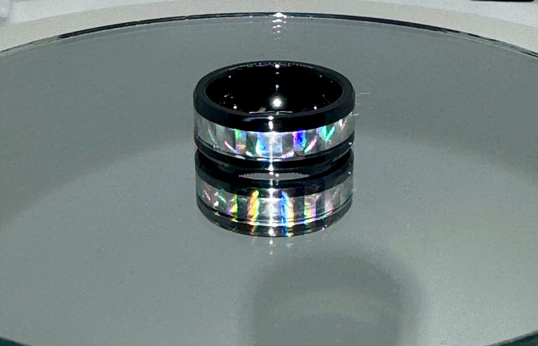 Holographic Silver Iridescent Pattern Ring in Black Ceramic. Size 7 and ...