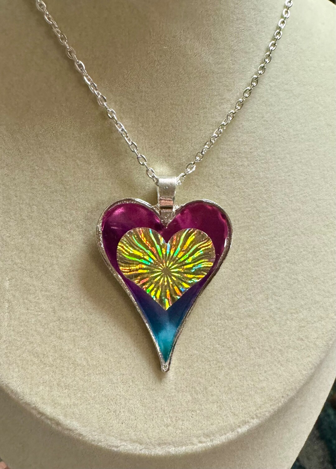 Holographic Artsy Heart With Foil Multicolor Sunburst Pattern in Silver ...