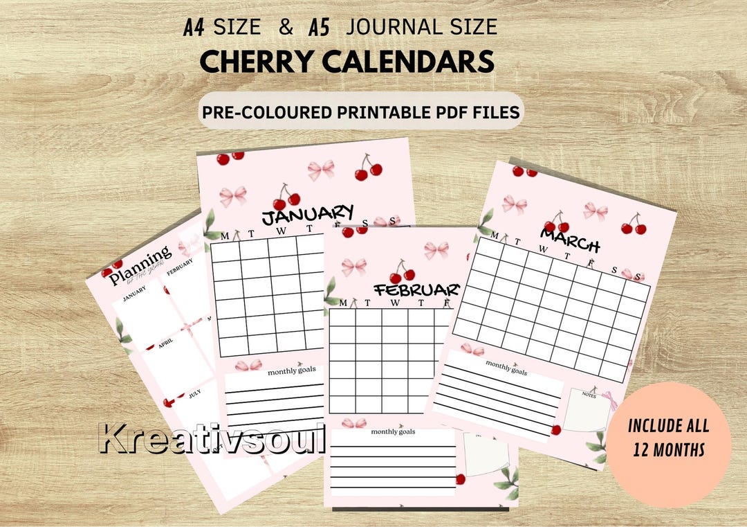 Cherry Calendar Printable: A4 A5 Sizes, Sunday & Monday Start (PDF ...