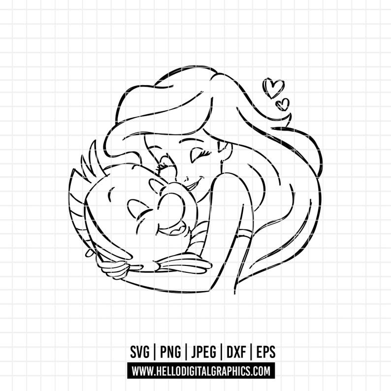 2210 - Princess Ariel and Flounder Line Art SVG, PNG, EPS - Disneyy ...