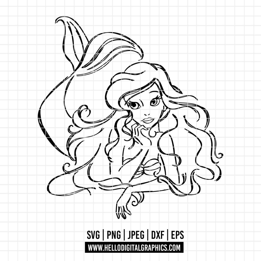 2244 - Princess Ariel Poising Line Art SVG, PNG, EPS - Disneyy Princess ...