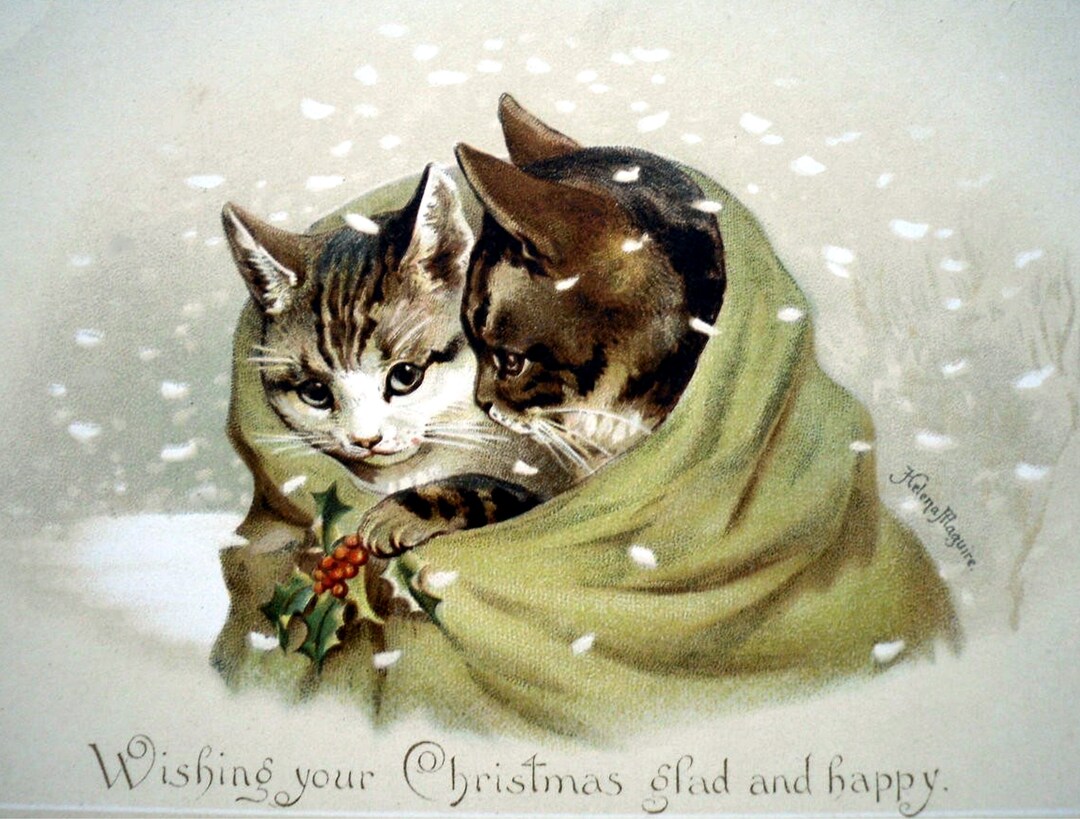 Victorian Edwardian Christmas Kitty Vintage Handmade Holiday Thank You ...