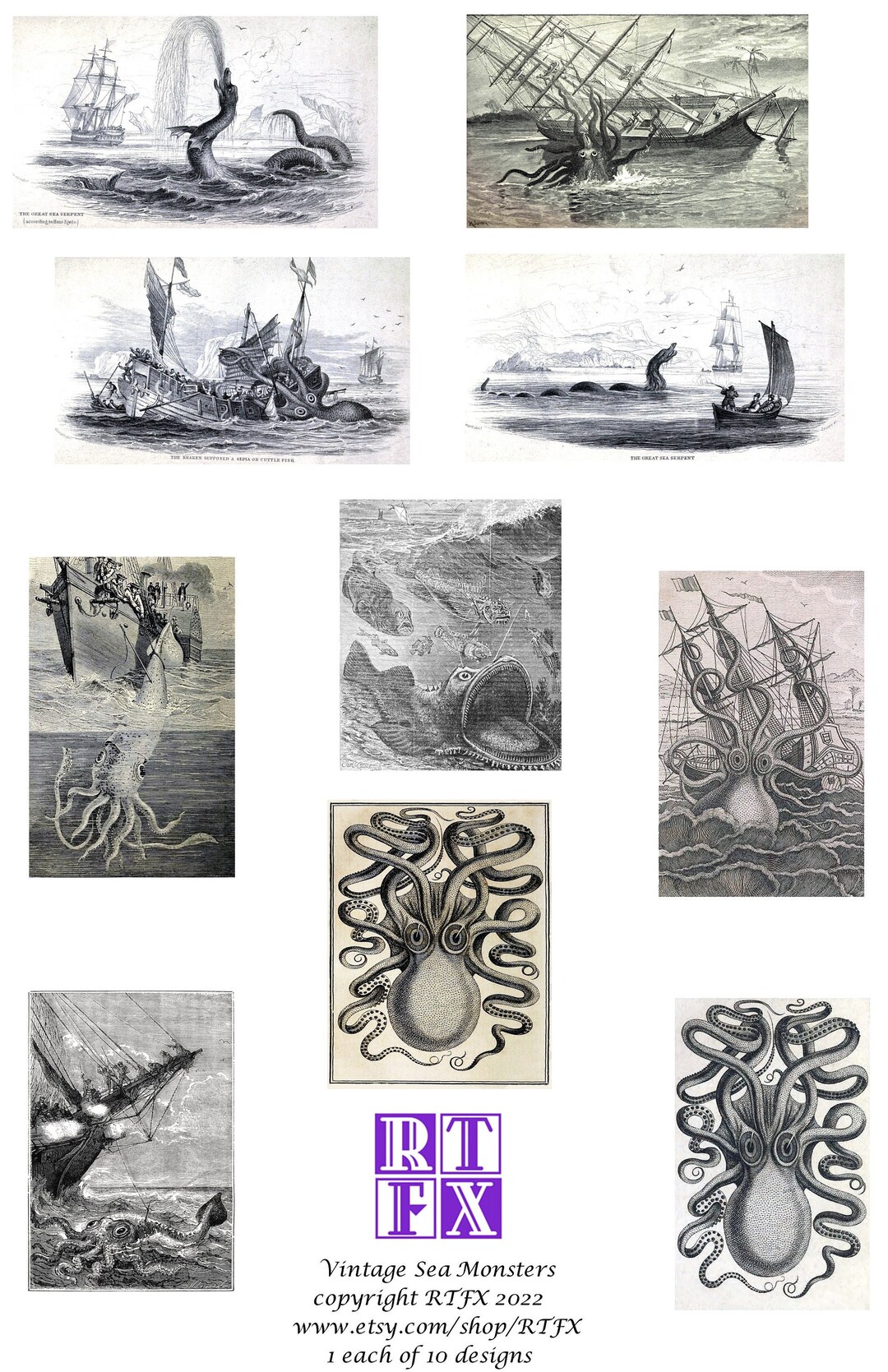 Vintage Sea Monster Collection Cards Handmade 10 Cards Graduation ...