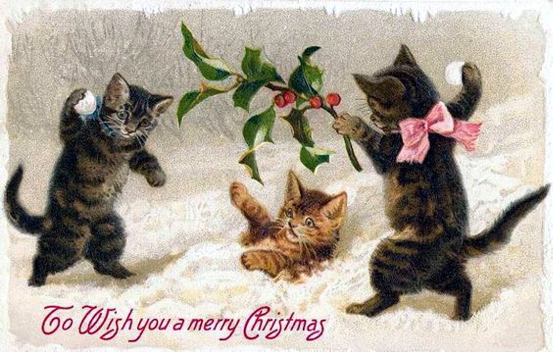 Victorian Edwardian Christmas Kitty Vintage Handmade Holiday Thank You ...