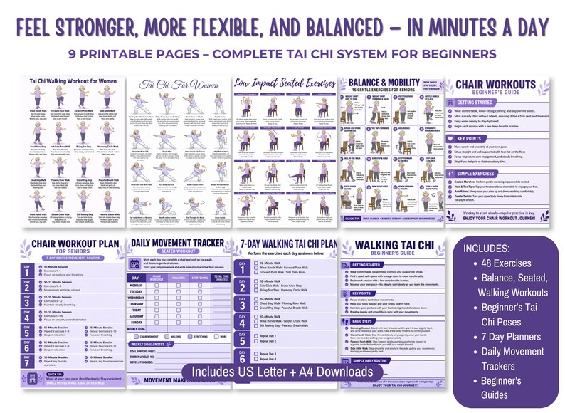 Seniors Tai Chi Balance Exercises Chart Mobility Bundle, Women Chair ...