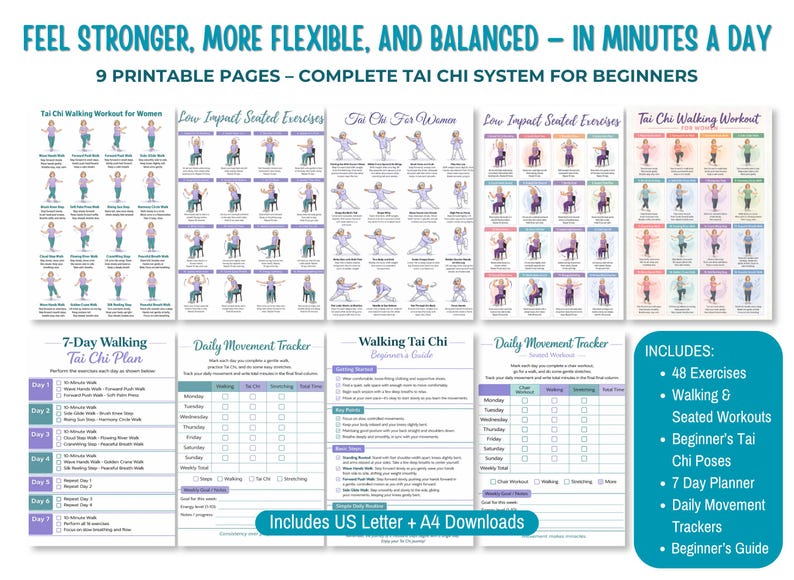 Tai Chi Workout Chart Bundle, Chair & Walking Exercises for Women ...