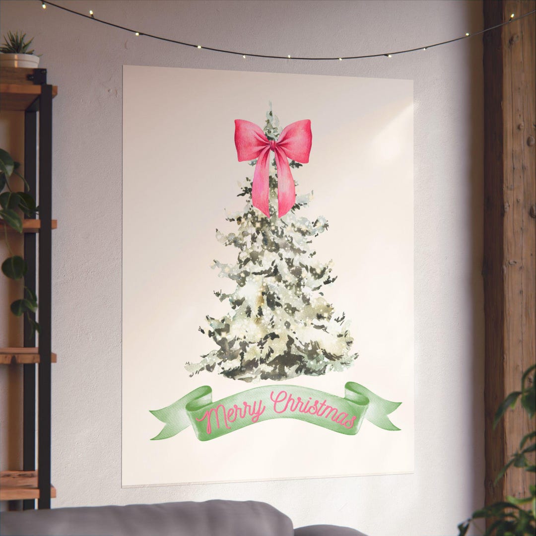 Merry Christmas Tree Poster, Vintage Bows, Holiday Decor, Festive Wall ...