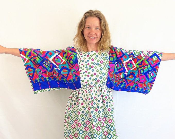 Vintage 1970s 70s Mr. B Psychedelic Neon Geometric Rainbow Mumu Caftan ...