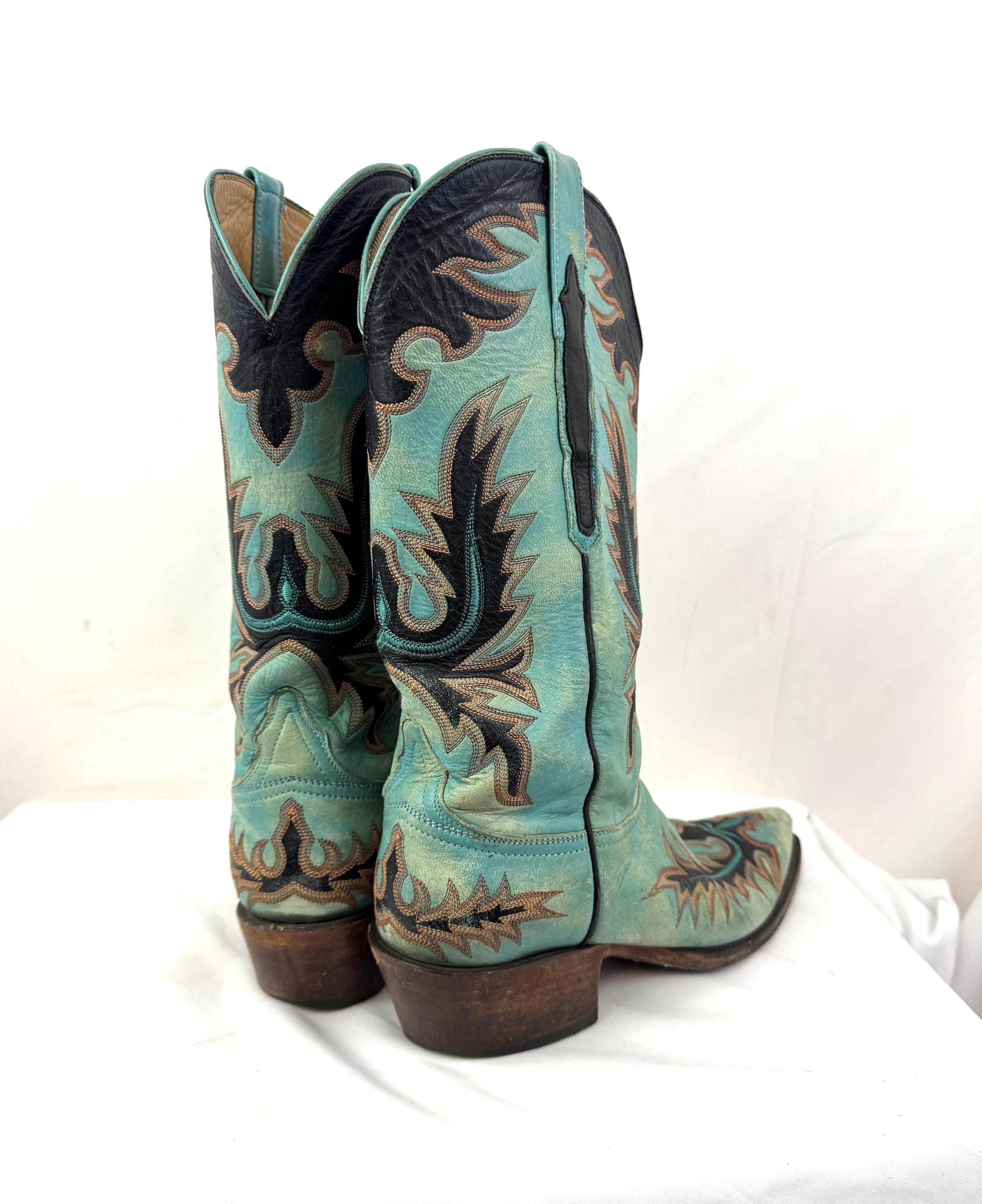 Vintage Blue Leather Western Turquoise Cowboy Boots - Size 11 - by ...