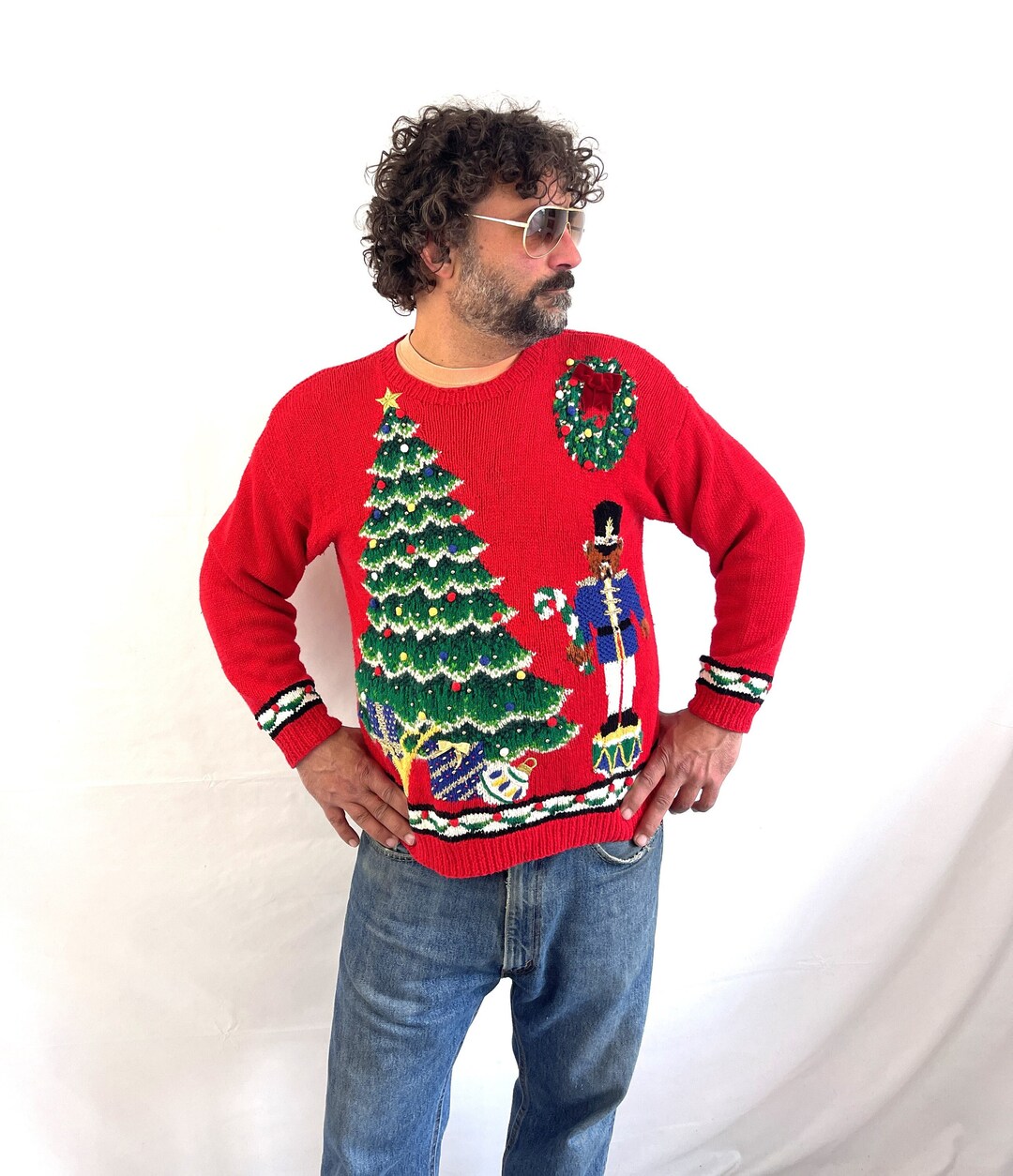 Vintage 90s 1990s 1994 Merry Christmas Holiday Santa Claus XMAS Knit ...