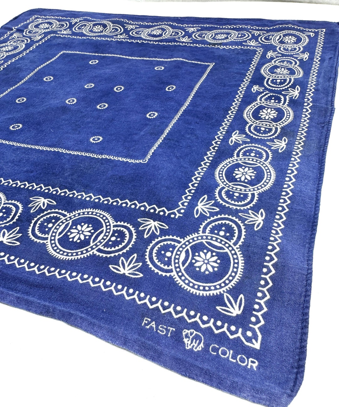 Vintage Fast Color Blue Bandana Workwear Kerchief - Elephant Trunk Down ...