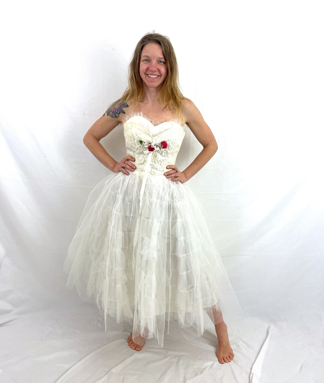 Vintage 1950s 50s Strapless Bombshell Shelf Bust Tulle Lace White ...