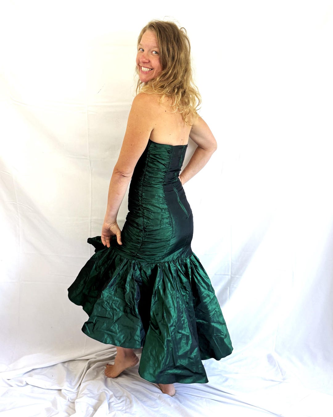 Wow 80s 1980s Green Iridescent Fitted Mermaid Party Fit Flare Strapless ...
