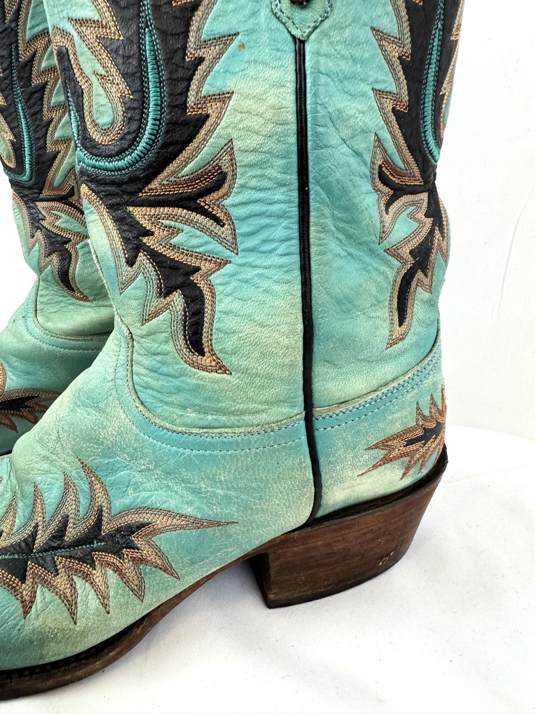 Vintage Blue Leather Western Turquoise Cowboy Boots - Size 11 - by ...