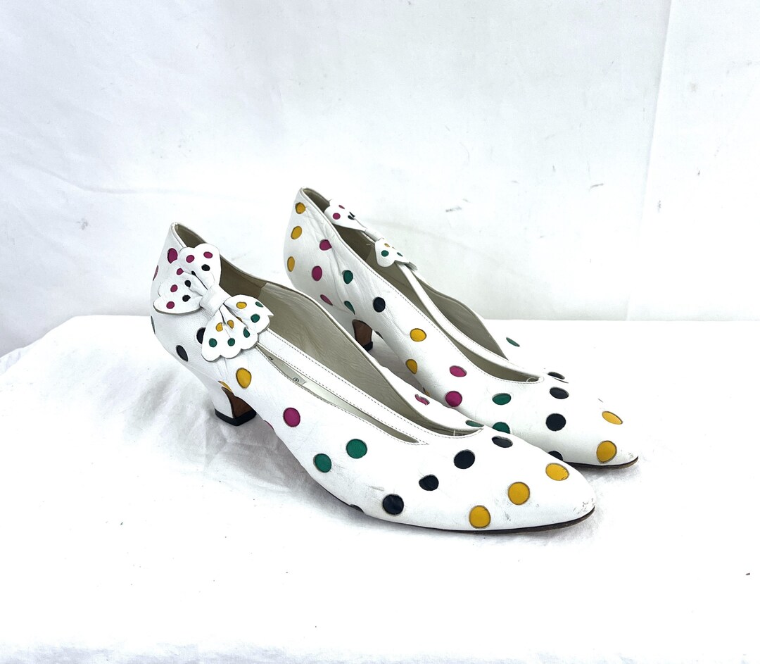 Vintage 1980s 80s Polka Dot Rainbow Leather Bow Shoes Low Heel Pumps ...
