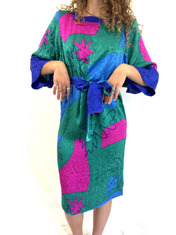 Vintage Flora Kung 1980s 80s Silk Amazing Teal Pink D… - Gem