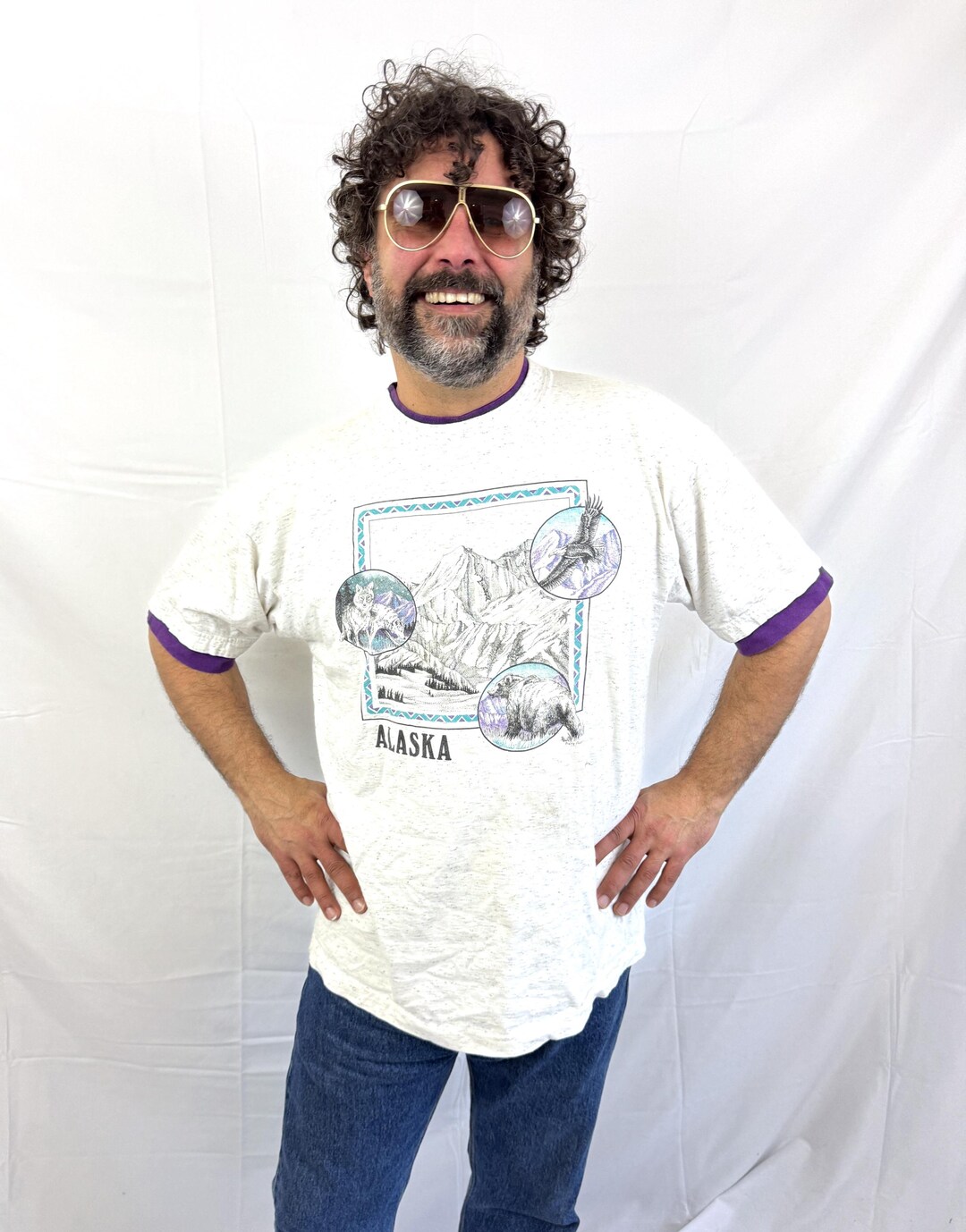 Vintage 1990s 90s Wolf Alaska Mountain Eagle Rolled Sleeves Tee Shirt ...