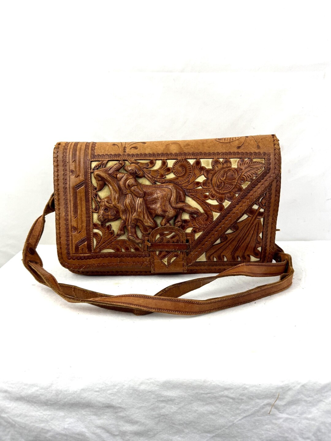 Vintage 1950s 50s Hand Tooled 3D Leather Mexican Matador Bull Purse Bag ...
