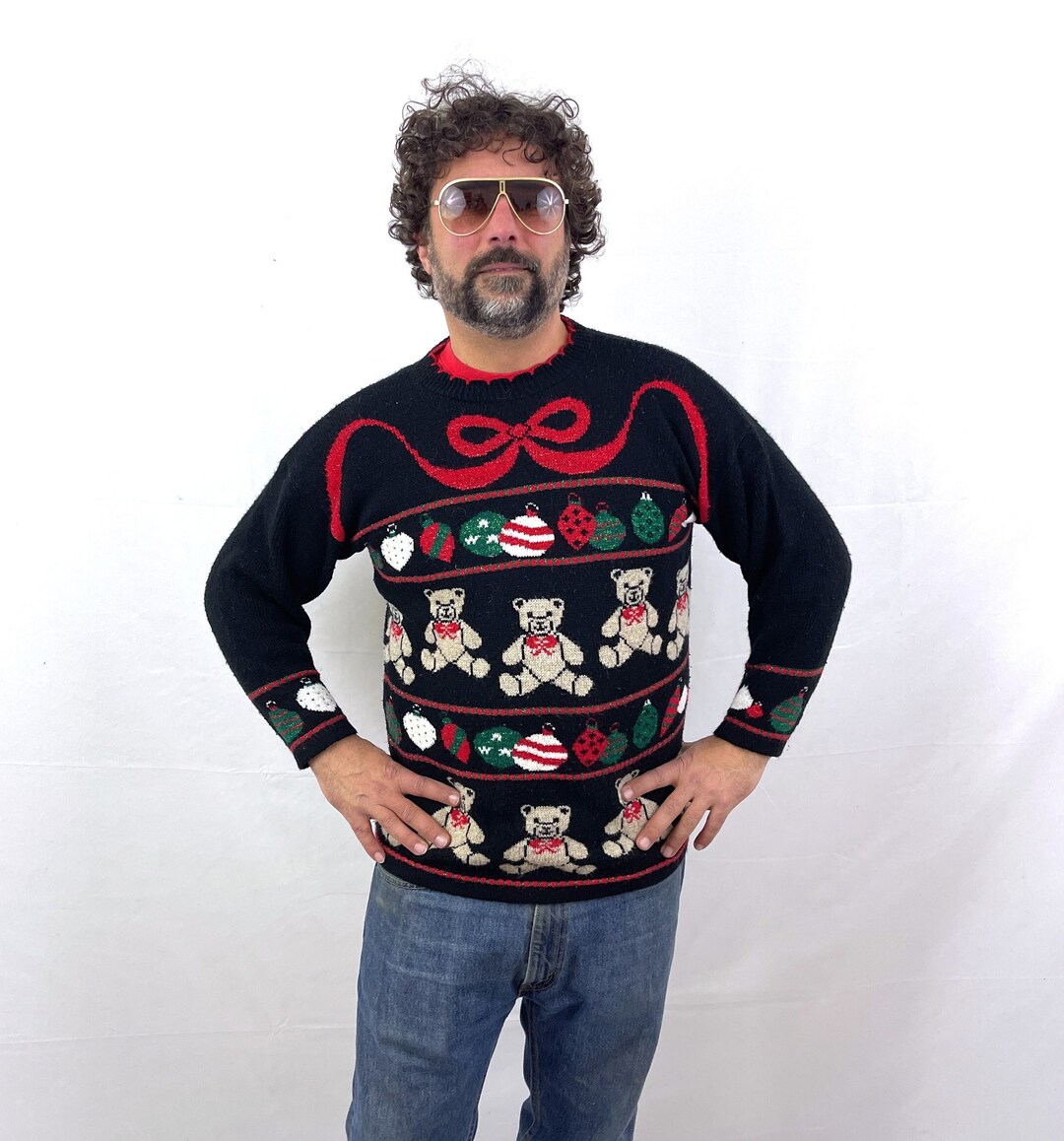 Vintage 1990s 90s Teddy Bear Bow Glitter Christmas XMAS Holiday Sweater ...
