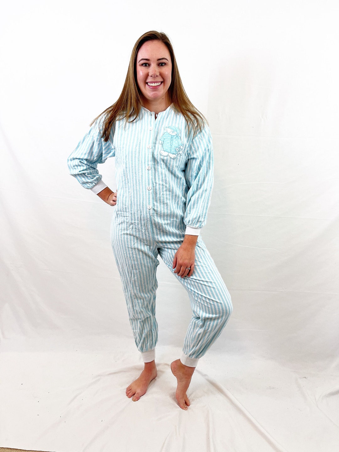Vintage 80s Teddy Bear Blue Striped Flannel Pajamas Romper - Etsy