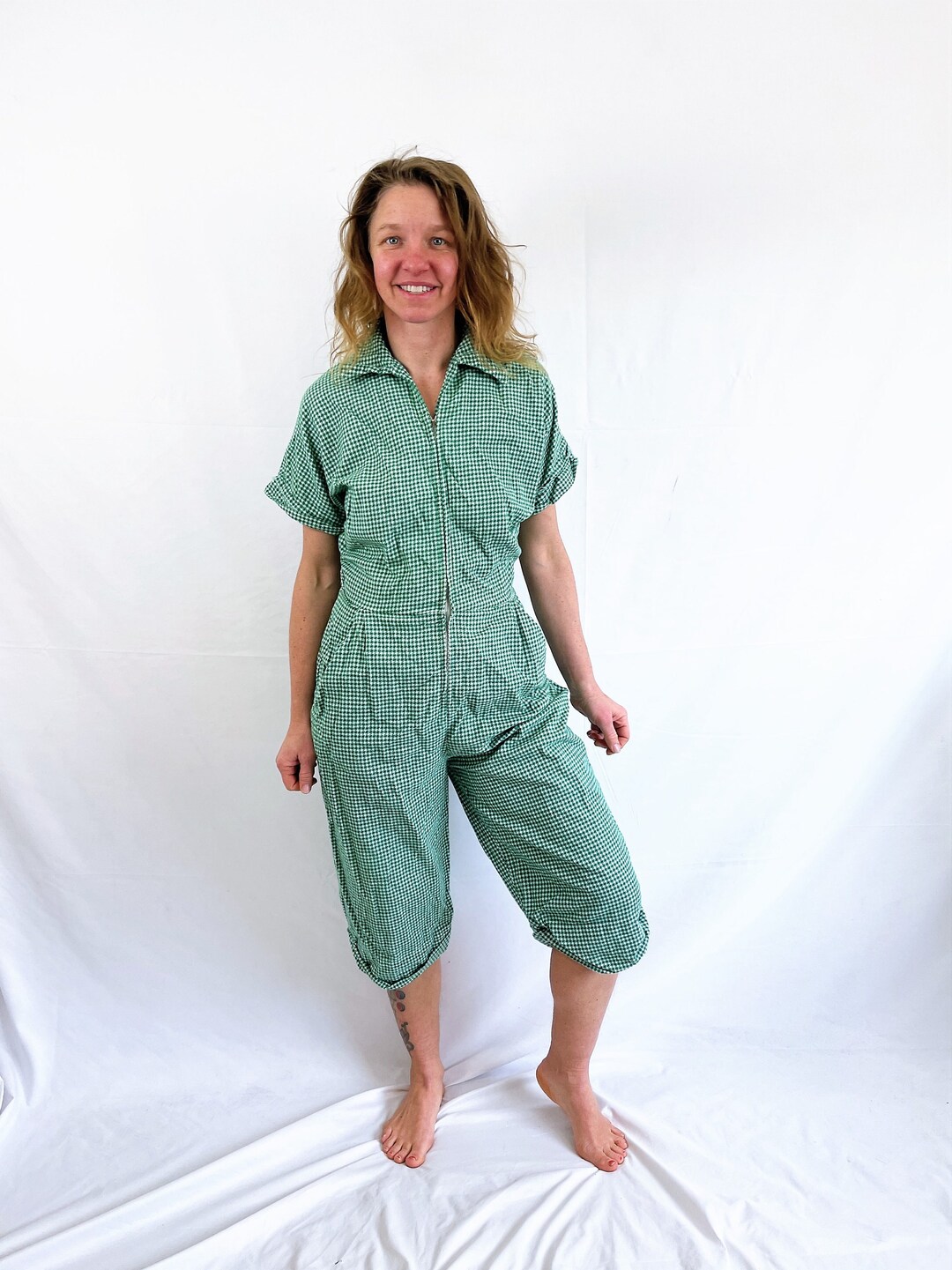 Vintage Midcentury 1950s 50s Green Plaid Flannel Romper Outfit ...