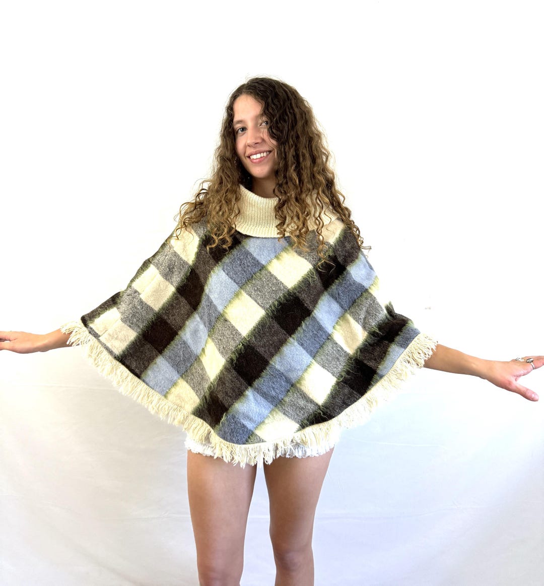 Vintage Mohair Wool Plaid Poncho Cape Shawl - Etsy