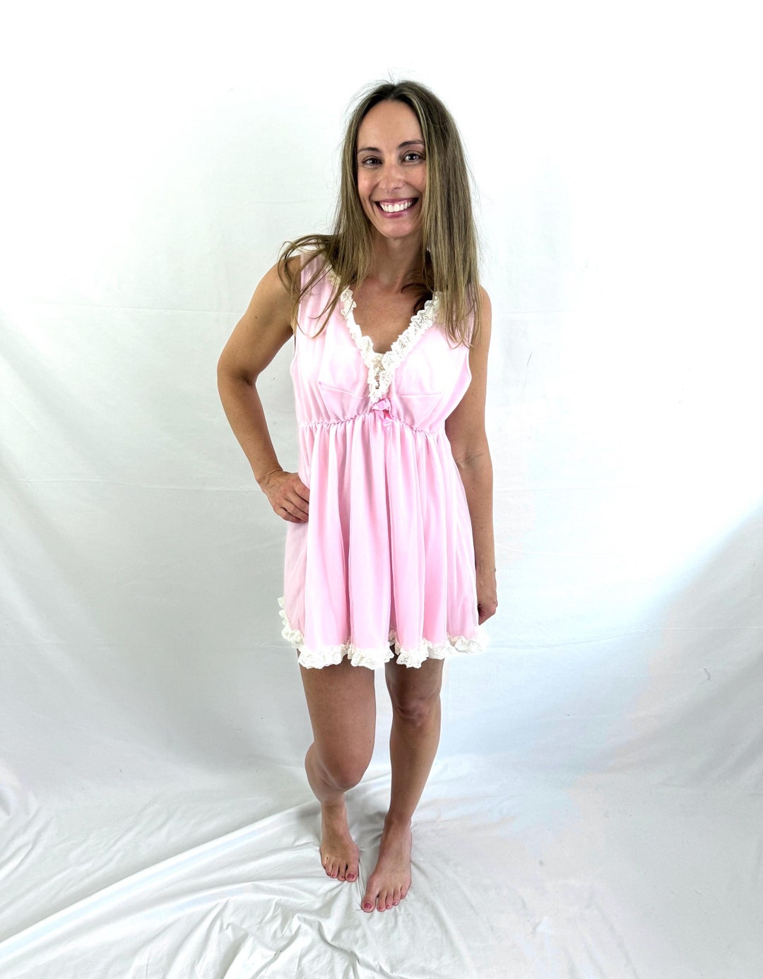 Vintage 1970s 70s Pink Lace Negligee Lingerie Mini Slip Dress ...
