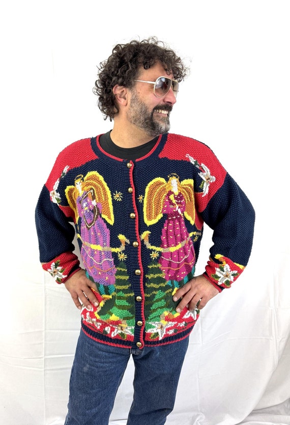 Vintage 80s 1980s Plus 3X Angel Knit Cardigan Sweater… - Gem