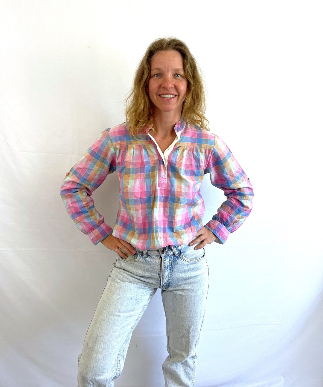 Vintage Rainbow 1980s 80s Plaid Drawstring Boxy Cropped Top Shirt ...