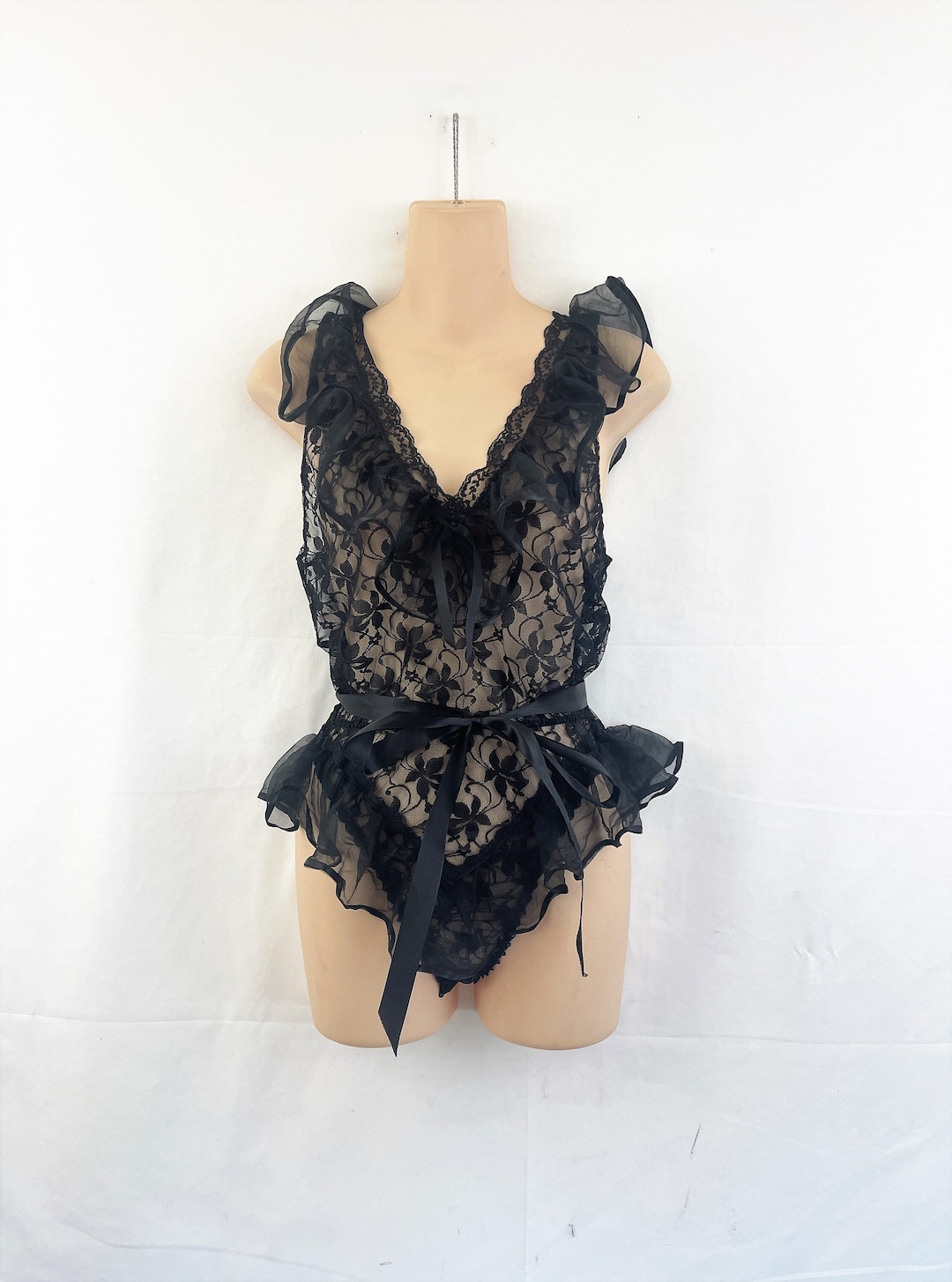 Vintage 1980s 80s Black Lingerie Lace Negligee Thong Teddy - Frederick ...